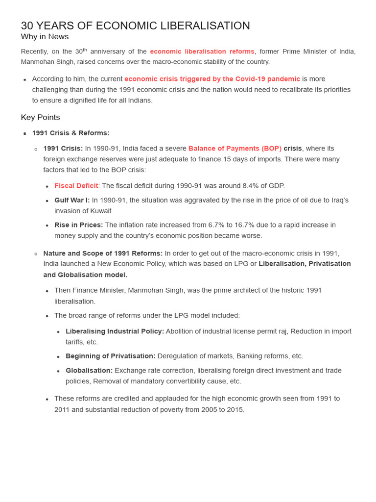 30 Years of Economic Liberalisation | PDF