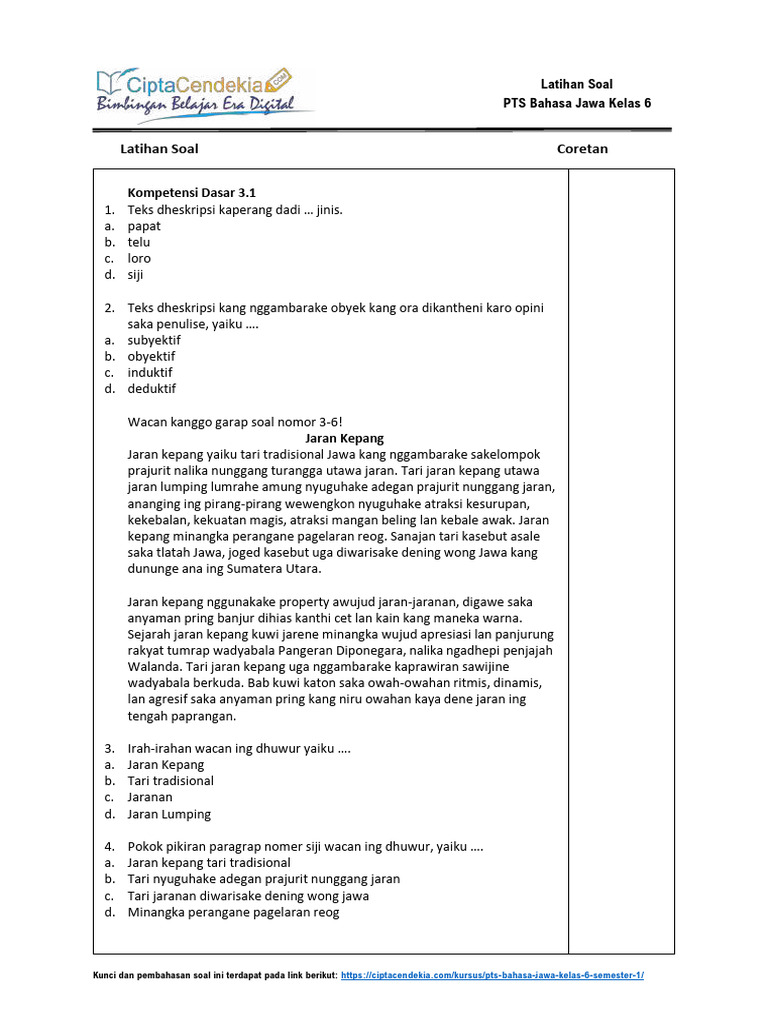 Soal PTS Bahasa Jawa Kelas 6 Semester 1 | PDF