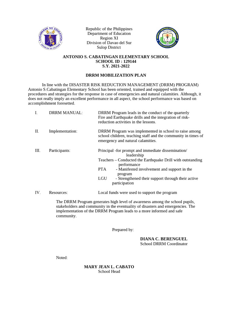 DRRM Mobilization Plan 2022-2023 | PDF