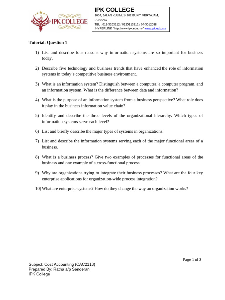 Chapter 3 - Tutorial Questions | PDF