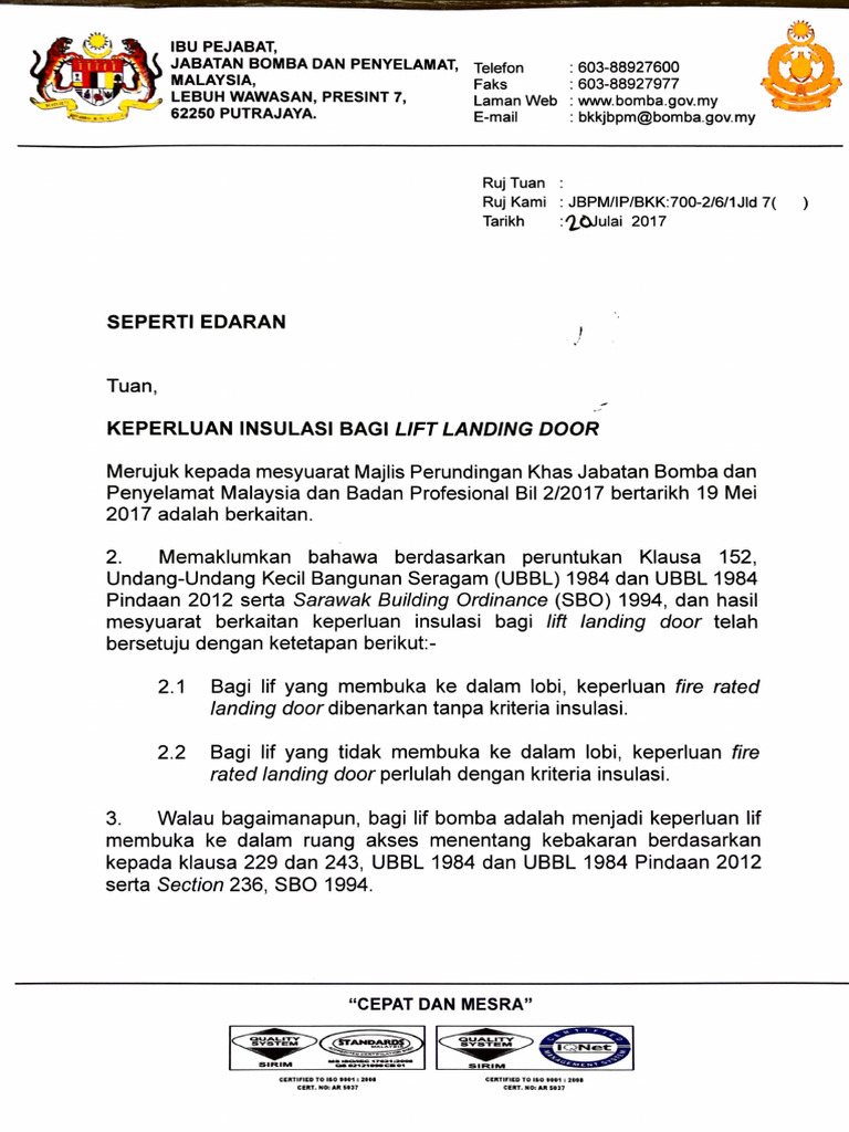 JPBM Circular - Lift Landing Fire Rated Door | PDF