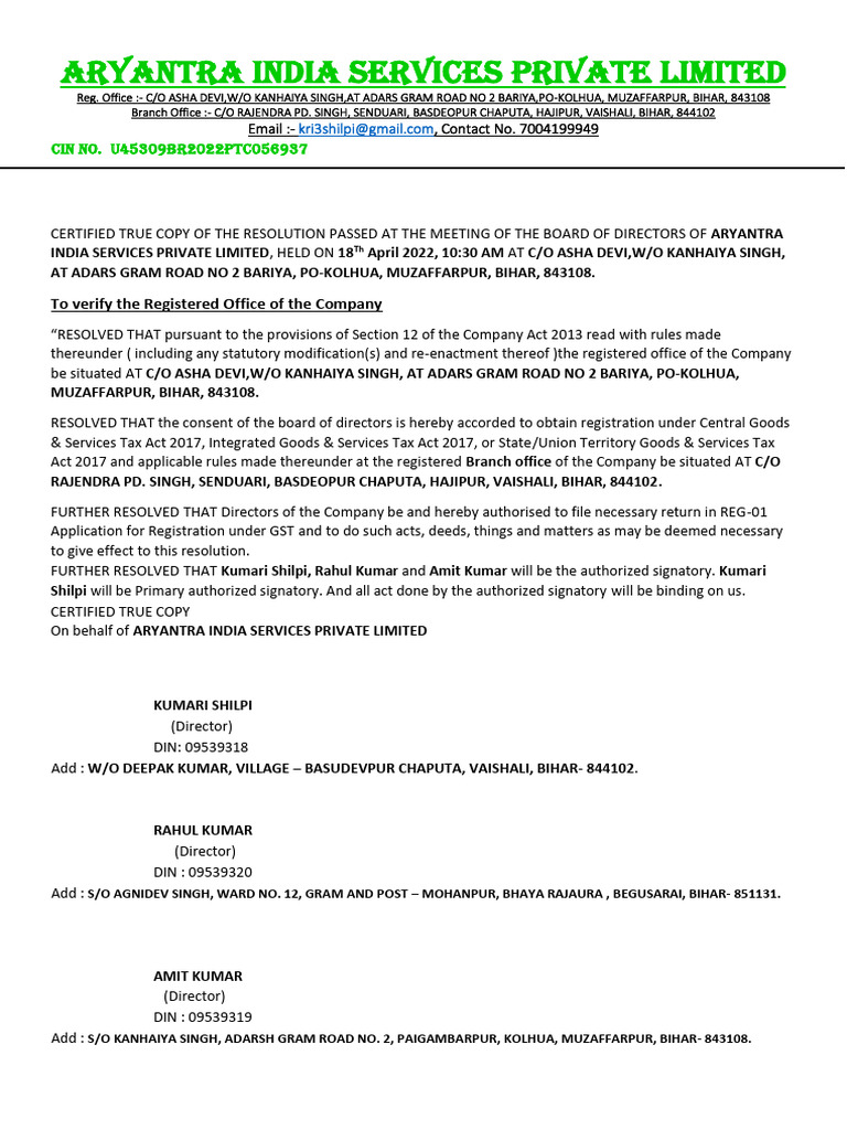 Board Resolution For GST | PDF