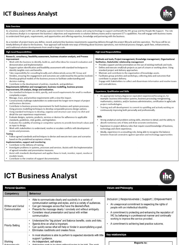 ICT Business Analyst Role | PDF