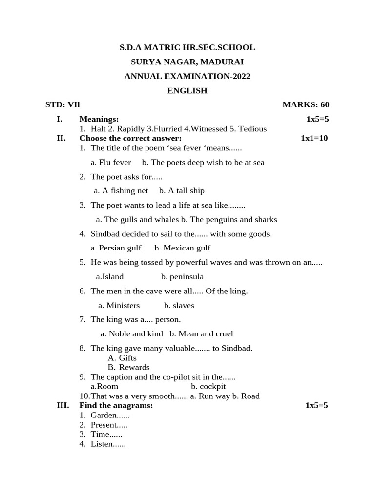 english 7th standard | PDF