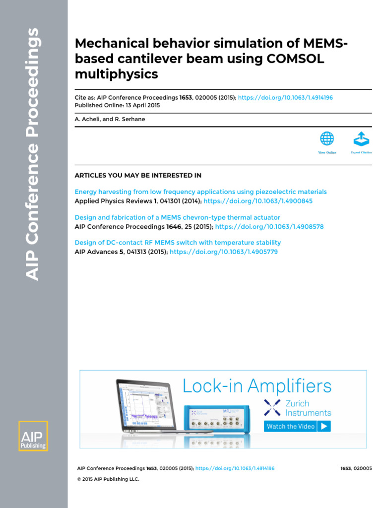 Mechanical Behavior Simulation of MEMS-based Cantilever Beam Using COMSOL Multiphysics | PDF