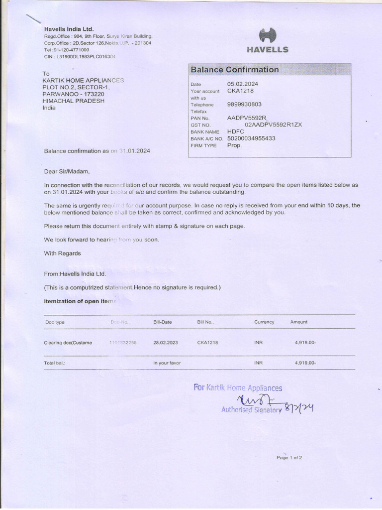 Balance Confirmation | PDF