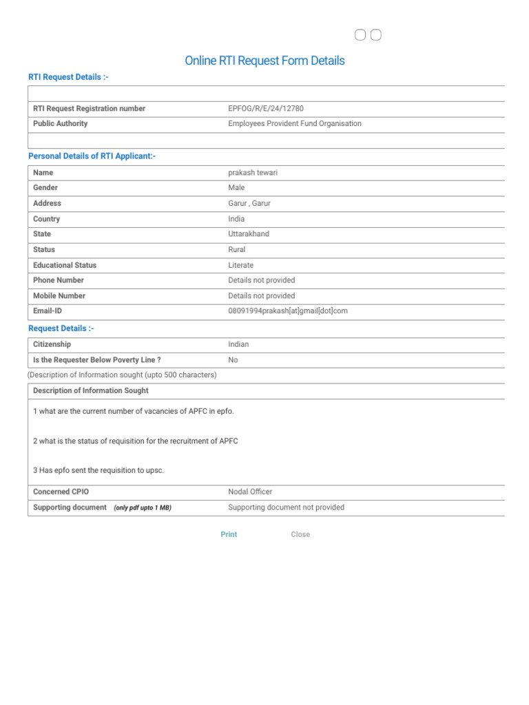 RTI Online - Request - Appeal Form Detailss | PDF