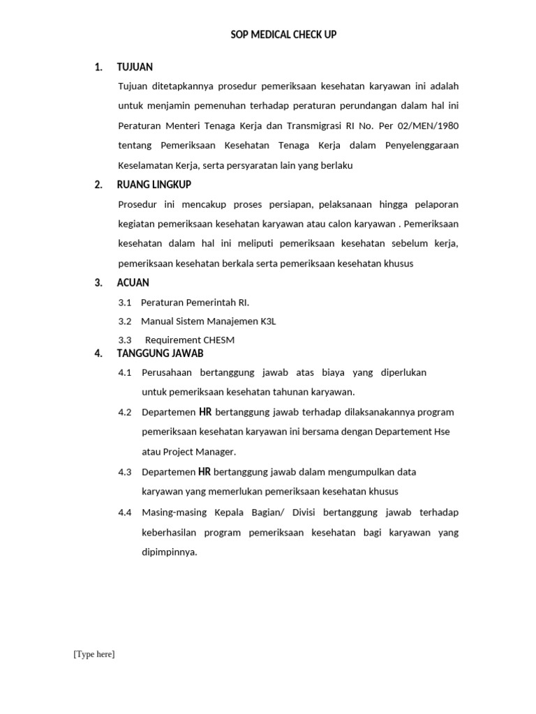 SOP HRD 000 Medical Check Up 2024 | PDF