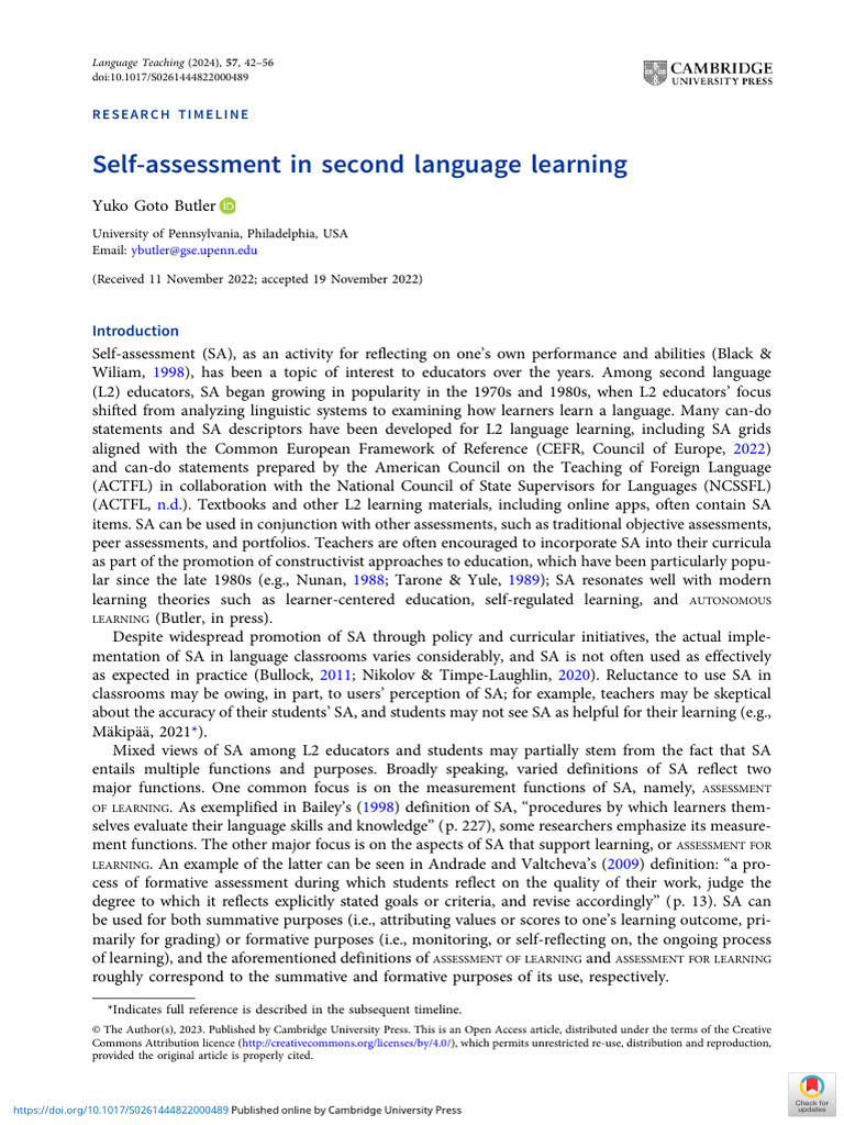 Self Assessment in Second Language Learning | PDF