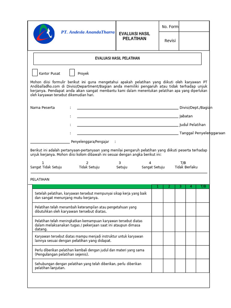Form Evaluasi Pelatihan Karyawan | PDF
