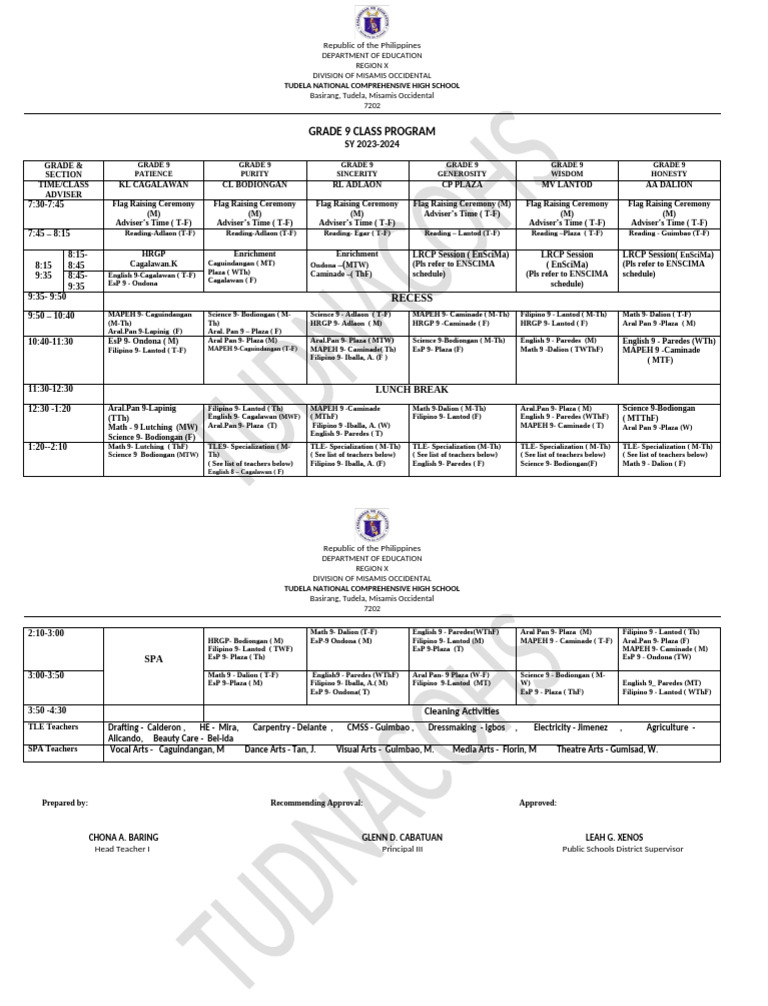 G 9 Class Schedule 2023 2024 | PDF