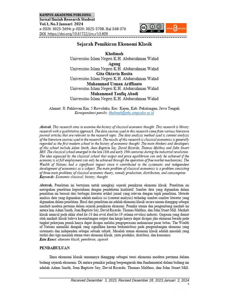 Sejarah Pemikiran Ekonomi Klasik: e-ISSN: 3025-5694 p-ISSN: 3025-5708, Hal 368-376 | PDF