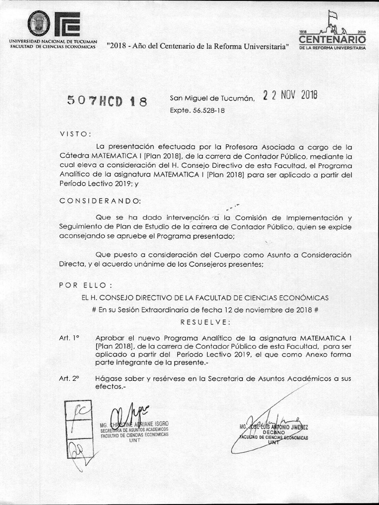 Programa Matematica I - Resol 507-HCD-18 | PDF