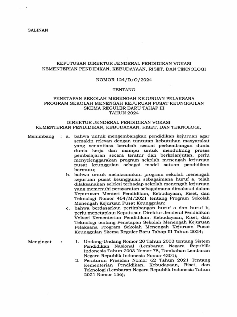 SK Pelaksana Program SMK PK 2024 Skema Reguler Baru Tahap 3 | PDF