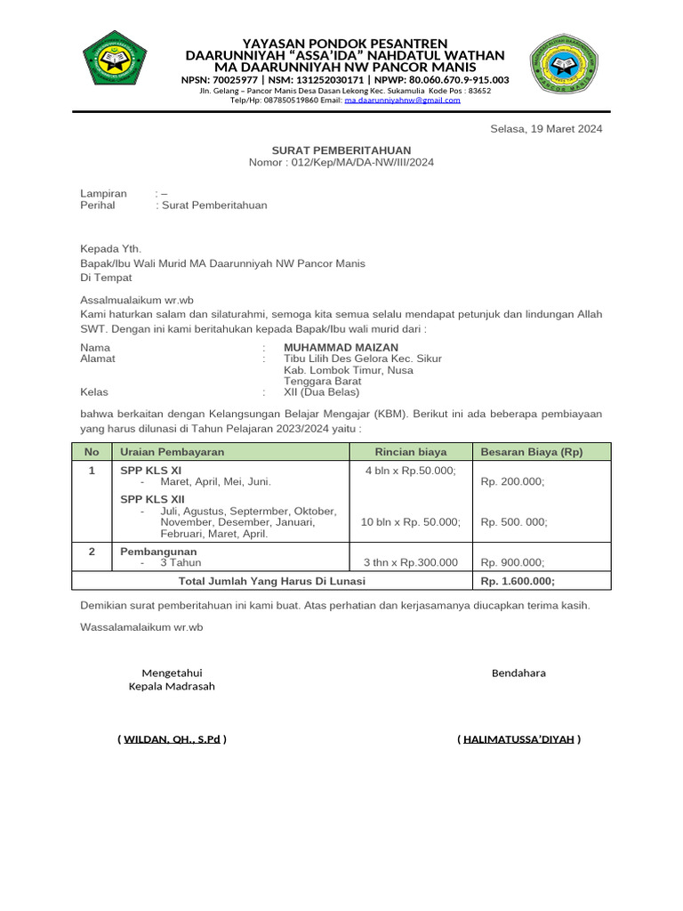 Surat Tagihan Biaya | PDF