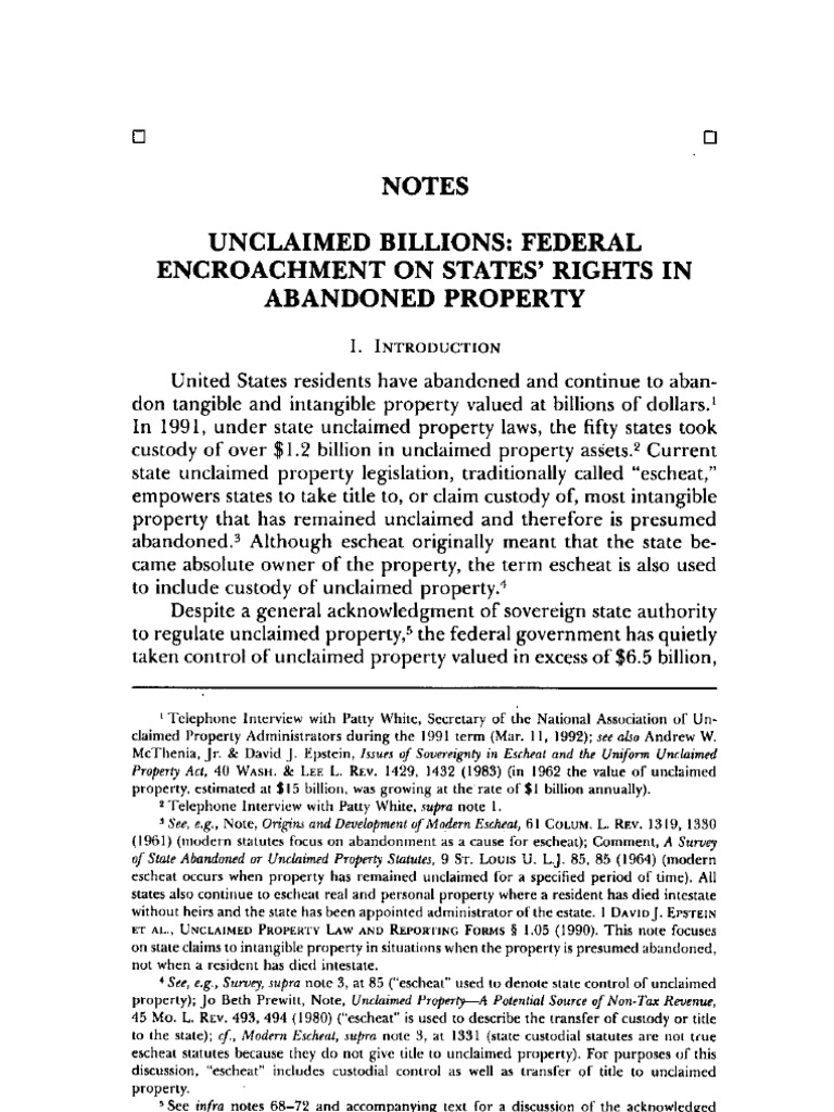 Federal Control of Unclaimed Billions | PDF | Fourteenth Amendment To ...