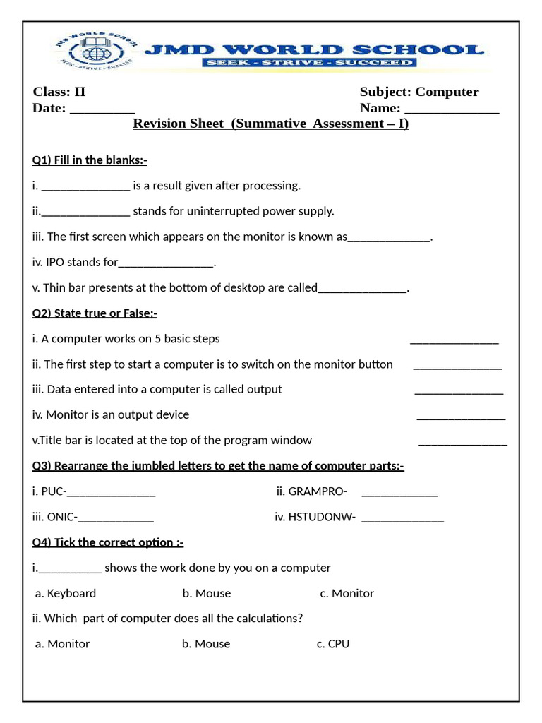 Class11 Computer Rev Sheet SA1 | PDF
