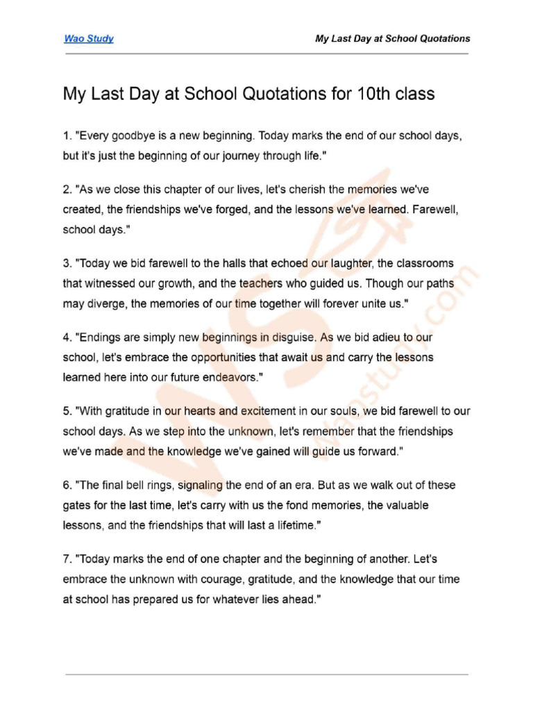 My Last Day at School Quotations For 10th Class | PDF