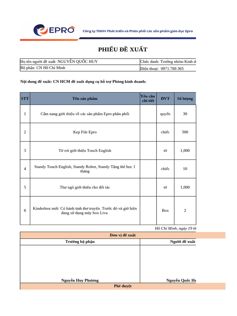 BM - vh.EPR - Phieu de Xuat H TR D NG C Phòng KD 19.4 | PDF