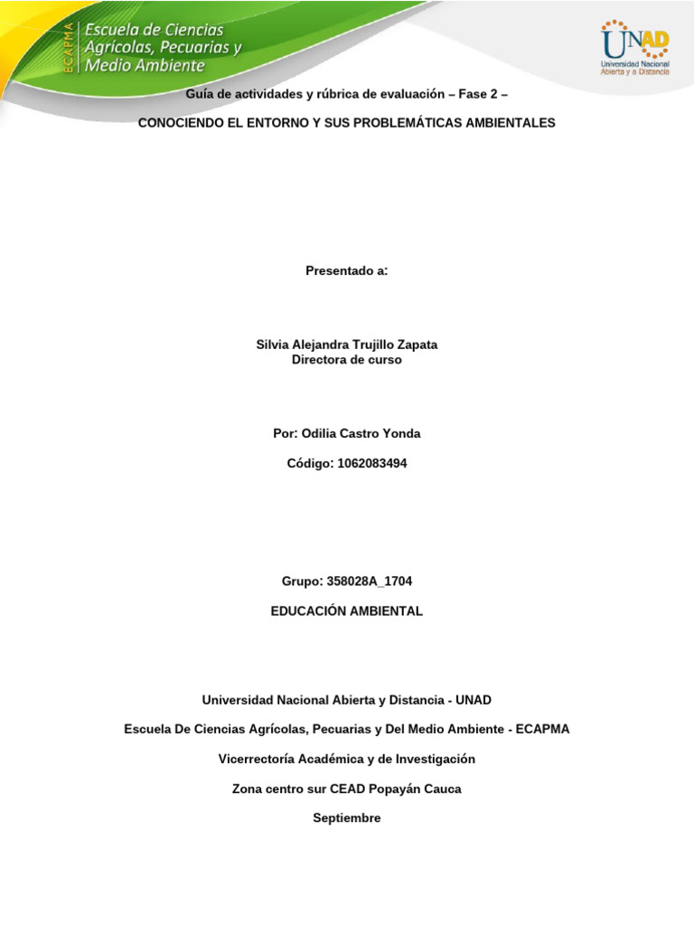 ODILIA CASTRO YONDA 1062083494 - Fase 2 - Conociendo El Entorno y Sus Problemáticas Ambientales ...