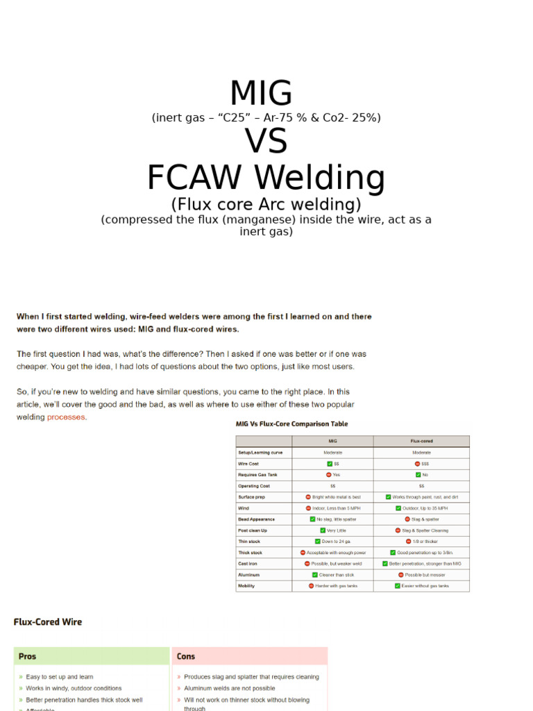 MIG Welding Vs (FCAW) Flux Coated Arc Welding | PDF