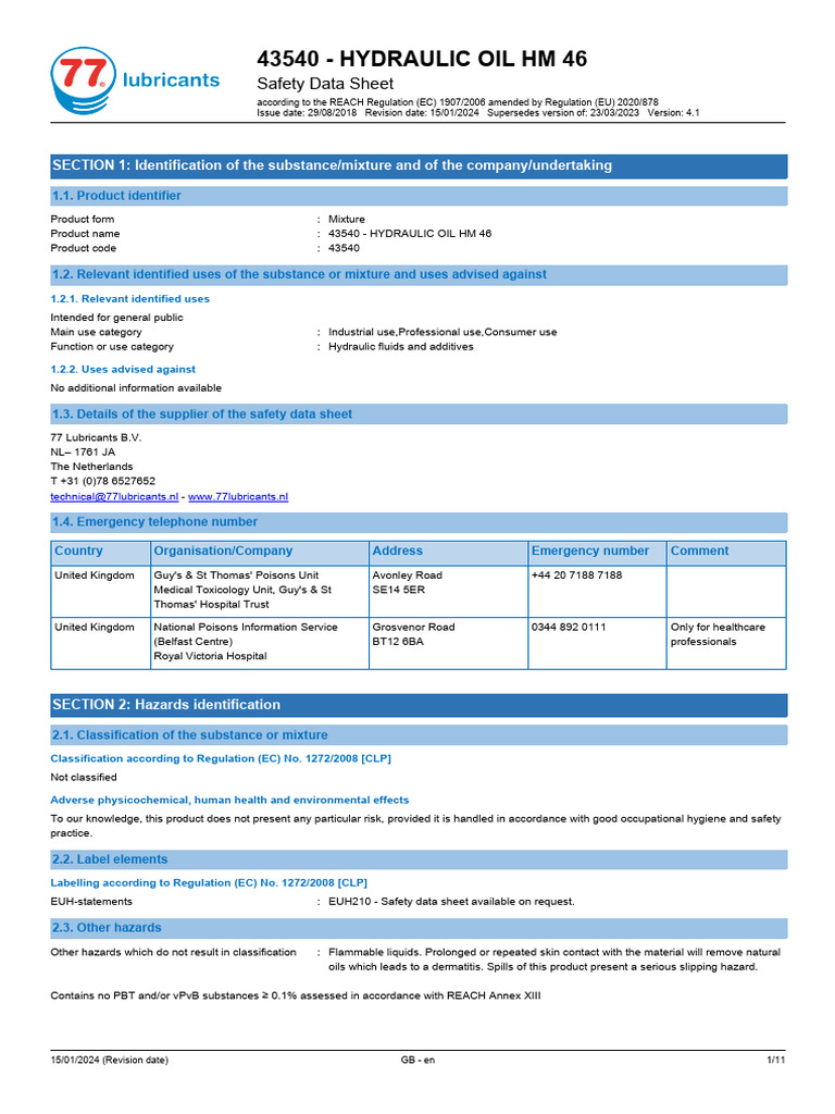 MSDS Hydraulic Oil HM 46 | PDF