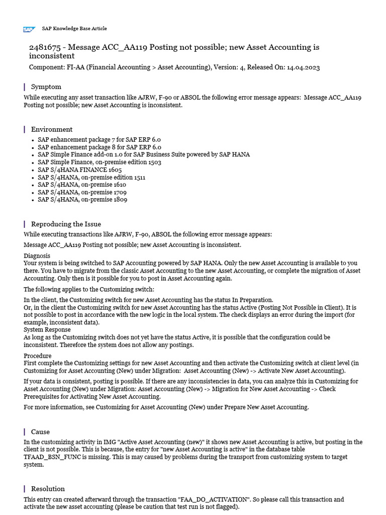 Message ACC - AA119 Posting Not Possible New Asset Accounting Is ...