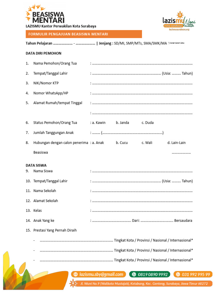 Form Beasiswa Mentari (SD SMP SMA) | PDF