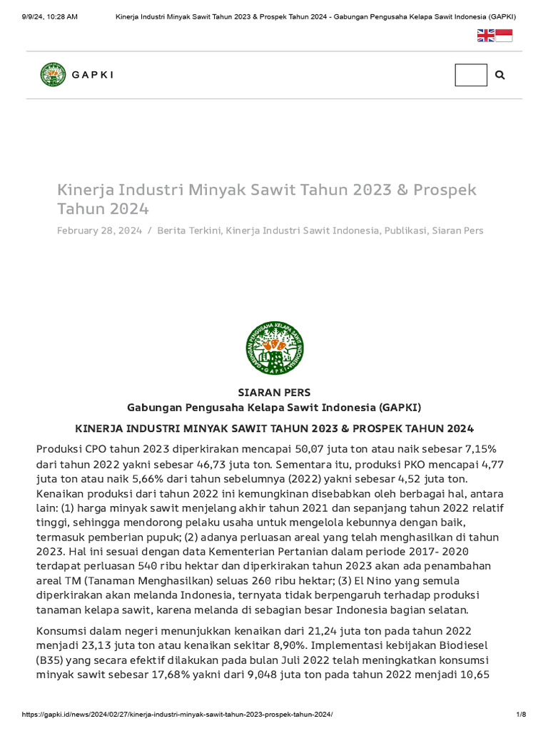 Kinerja Industri Minyak Sawit Tahun 2023 & Prospek Tahun 2024 - Gabungan Pengusaha Kelapa Sawit ...