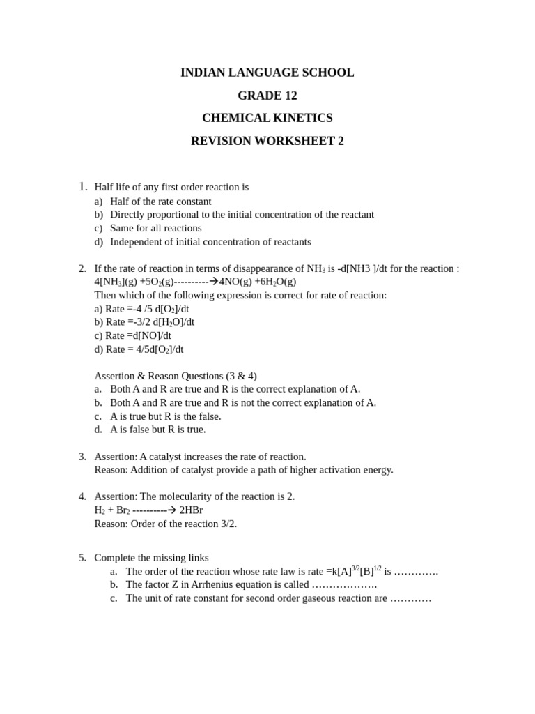 Grade 12 Chemical Kinetics Worksheet | PDF | Reaction Rate | Science ...
