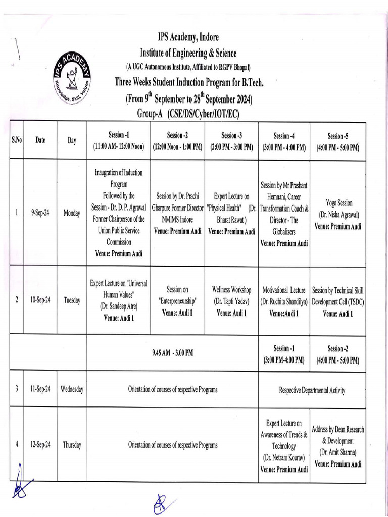 Induction Program Schedule 2024 25 Updated | PDF