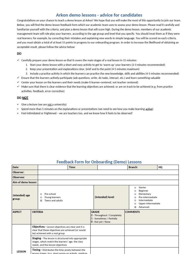 Feedback Form For Demo Lessons and First Observation (Candidate Copy ...