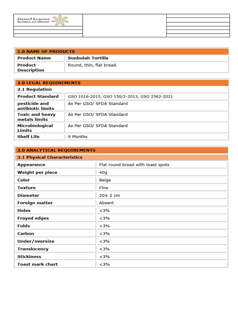 Sunbulah Tortilla - Finished Product Specification | PDF
