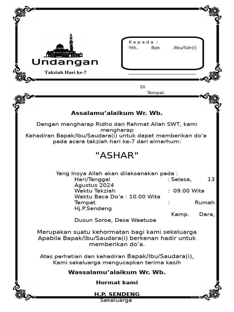 Undangan Takziah Hari Ke 7 | PDF