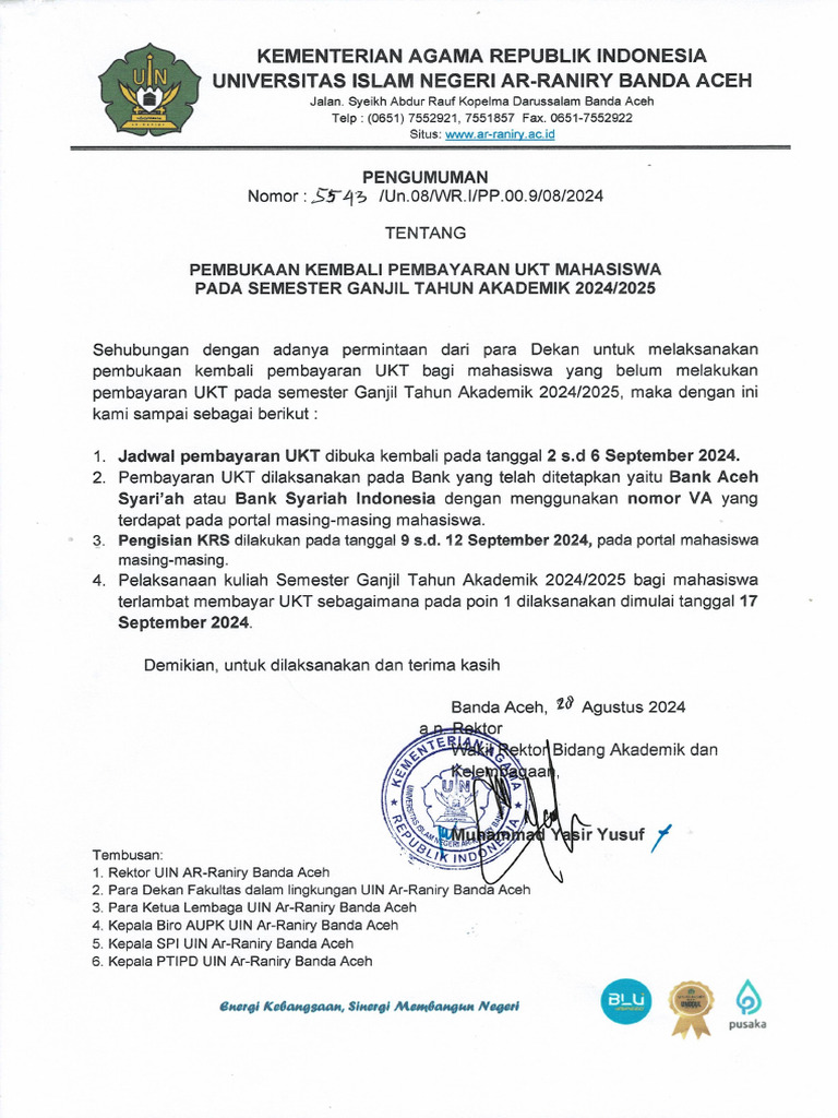 Pembukaan Kembali Pembayaran UKT Mahasiswa Pada SM Ganjil TA 20242025 | PDF