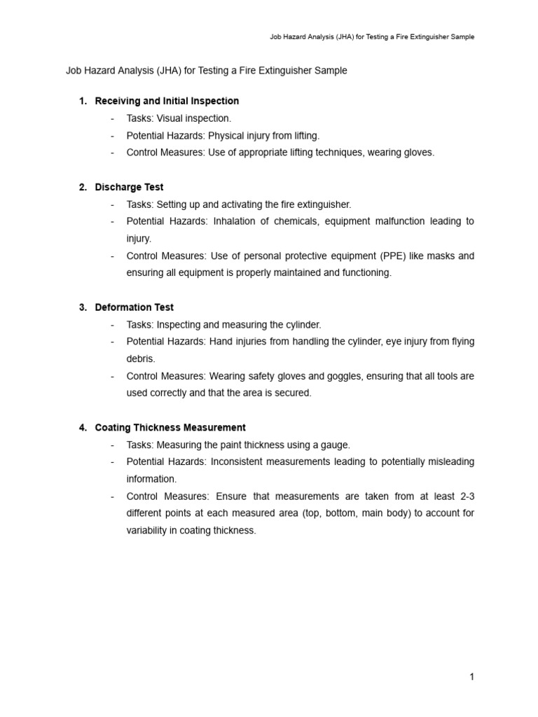 Job Hazard Analysis (JHA) for Testing a Fire Extinguisher Sample | PDF
