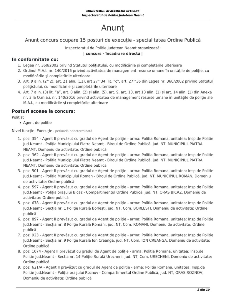Anunț Concurs Ocupare 15 Posturi de Execuție - Specialitatea Ordine Publică | PDF