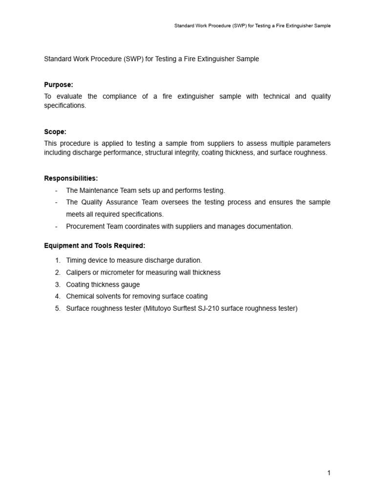 Standard Work Procedure (SWP) For Testing A Fire Extinguisher Sample | PDF
