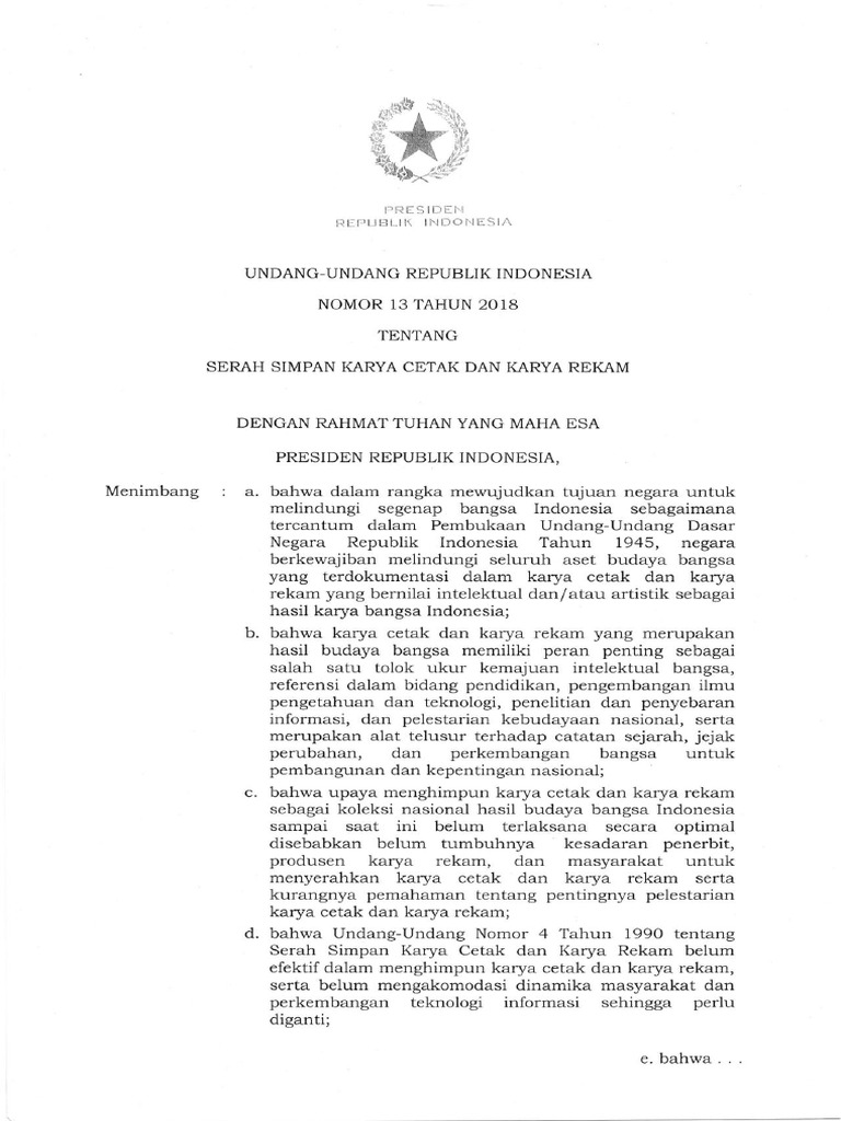 UU Nomor 13 Tahun 2018 Tentang SS KCKR | PDF