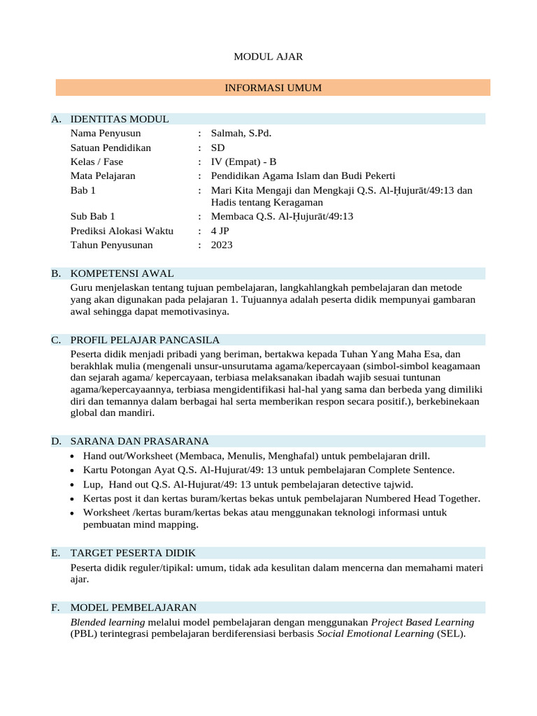 Modul Ajar Kelas 4 PAI - Bab 1 Sub 1 | PDF