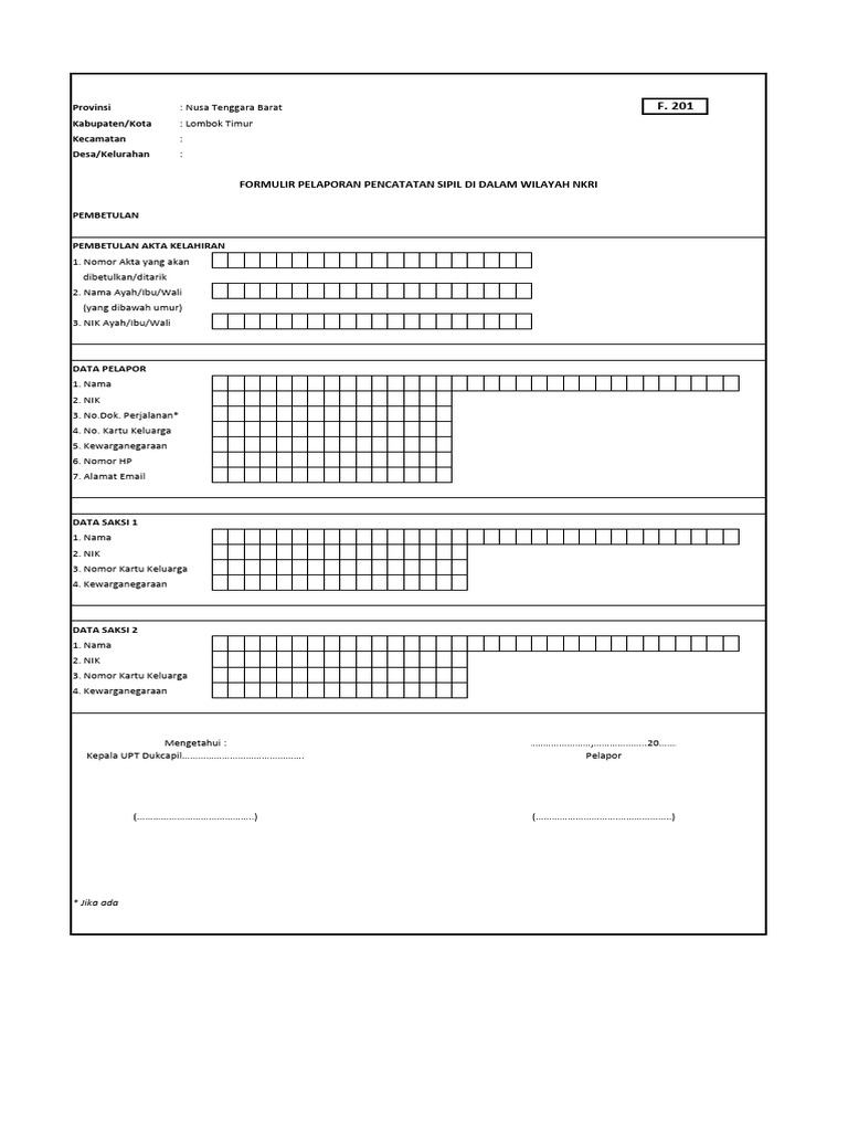 Formulir Pelaporan Pencatatan Sipil Di Dalam Wilayah Nkri: Provinsi Kabupaten/Kota Kecamatan ...