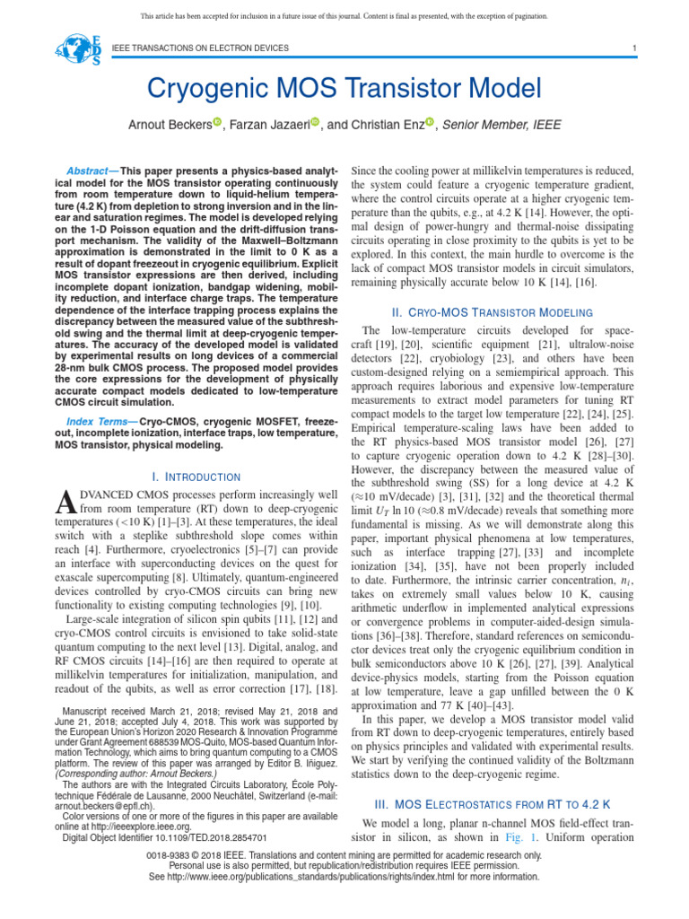 Cryogenic MOS Transistor Model: Arnout Beckers, Farzan Jazaeri, and Christian Enz, Senior Member ...