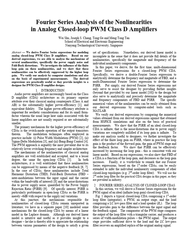 Fourier Series Analysis of The Nonlinearities in Analog Closed-Loop PWM Class D Amplifiers ...
