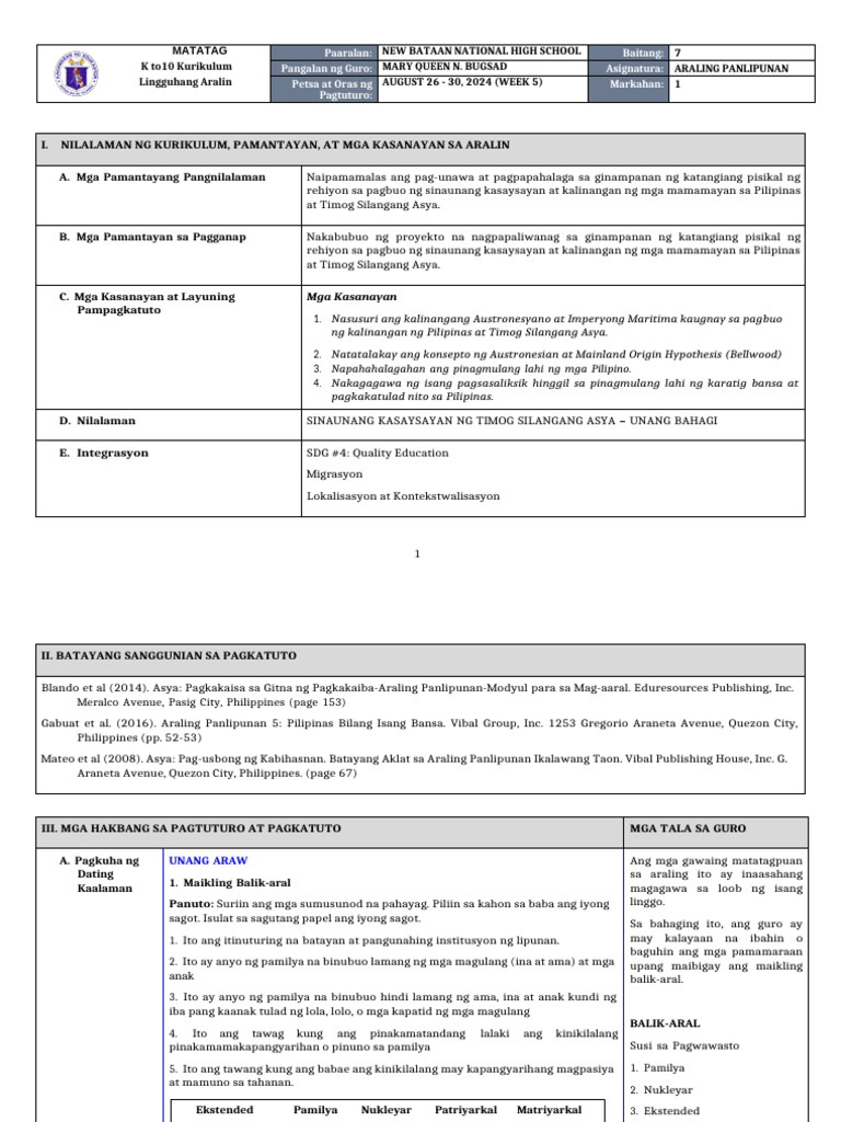DLL Matatag - Araling Panlipunan 7 Q1 W5 | PDF