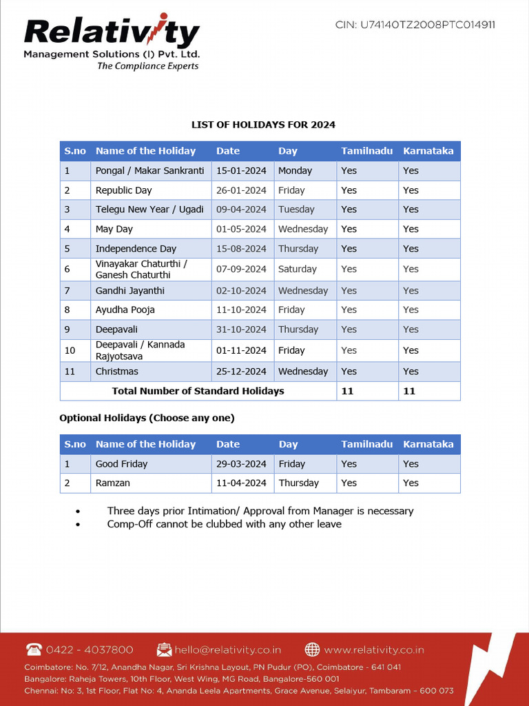 Holiday List 2024 | PDF
