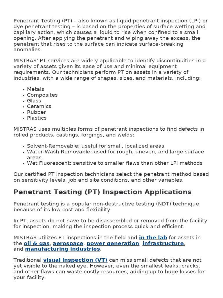 Penetrant Testing (PT) Inspection Applications | PDF