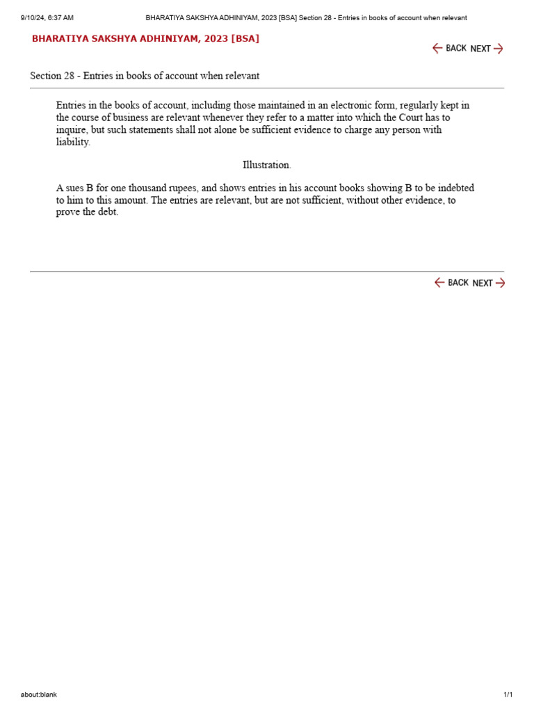 BHARATIYA SAKSHYA ADHINIYAM, 2023 (BSA) Section 28 - Entries in Books of Account When Relevant | PDF