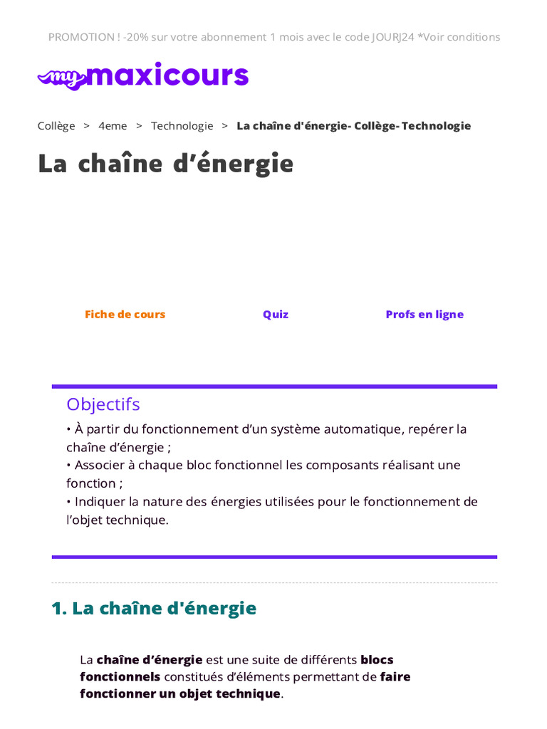 La Chaîne D'énergie - Collège - Technologie - Mymaxicours | PDF