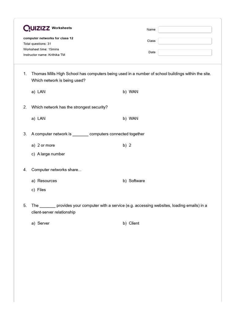 Computer Networks For Class 12 Worksheet Pdf