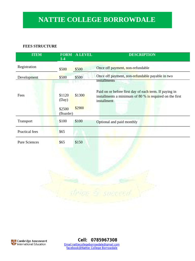 FEES STRUCTURE Nattie College Borrowdale | PDF
